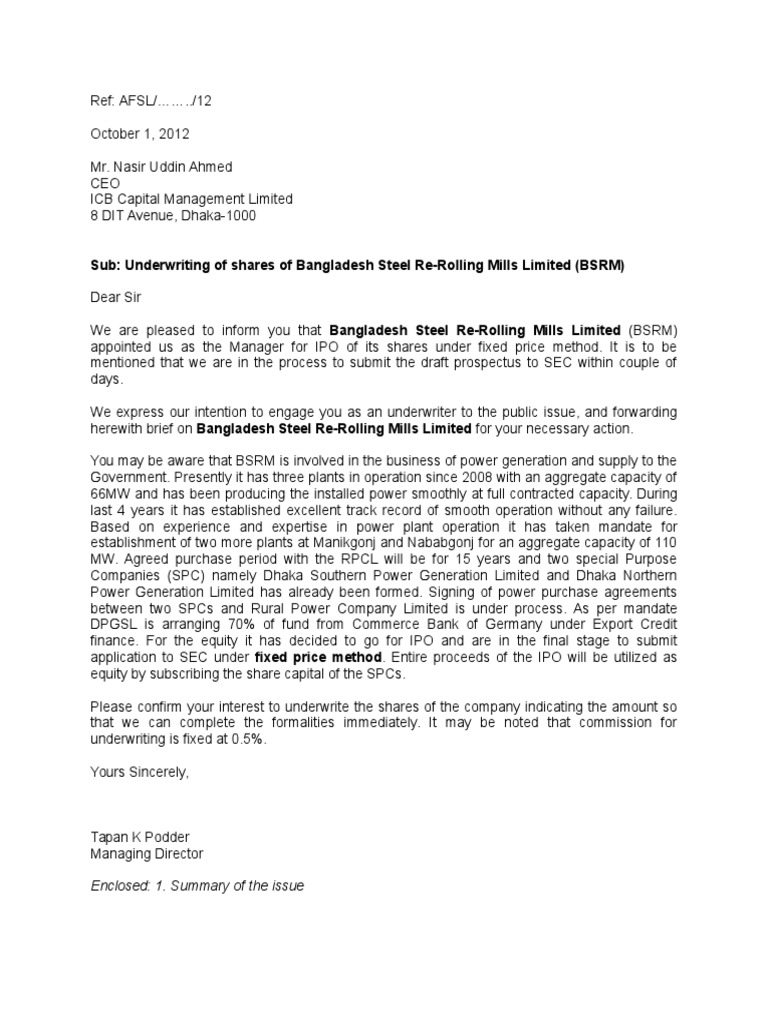 Underwriter Letter of BSRM | PDF | Initial Public Offering | Underwriting