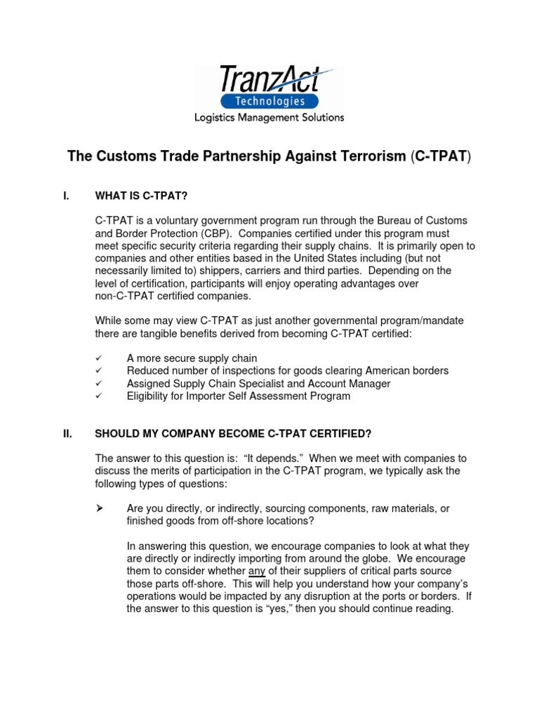 CTPAT Overview PDF | Download Free PDF | Supply Chain | U.S. Customs ...
