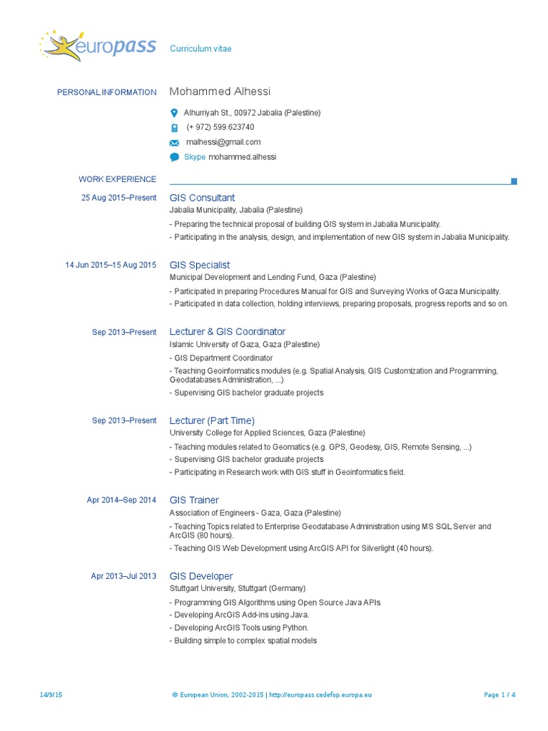 Europass CV 20150914 Alhessi en | PDF | Arc Gis | Geographic ...
