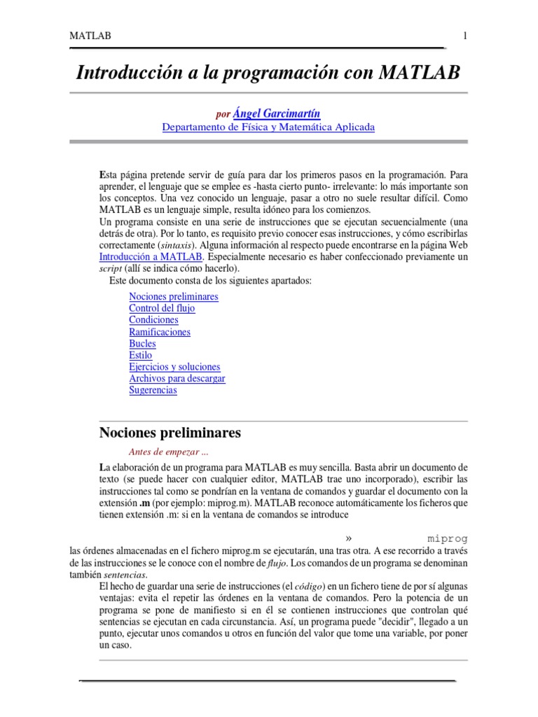 Introducción a la programación en MATLAB | PDF | Lenguaje de ...