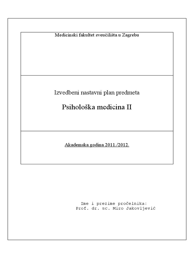 Psihološka Medicina-Izvedbeni Nastavni Plan II | PDF