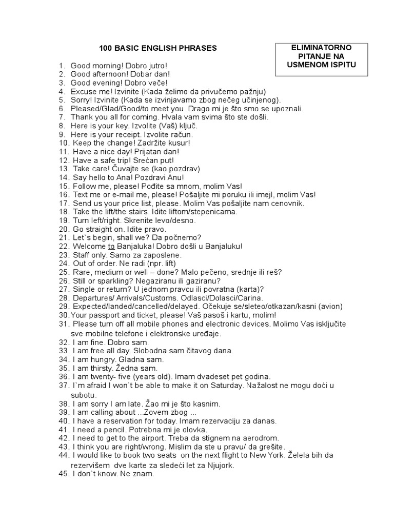 100 Basic English Phrases | PDF