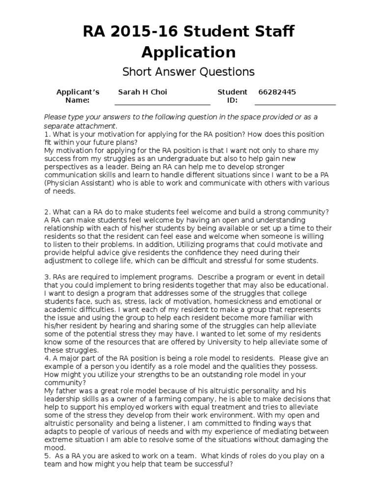RA 2015-16 Student Staf Application: Short Answer Questions | PDF ...