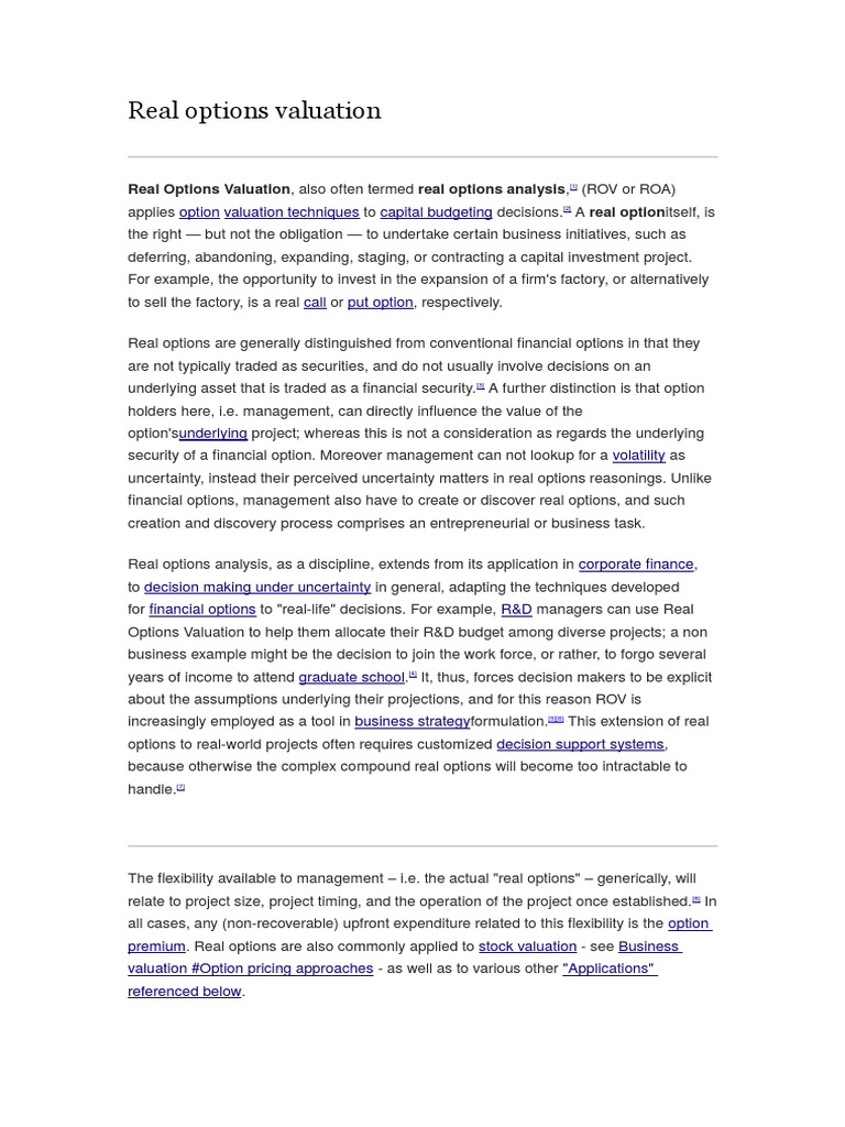 Real Options Valuation | PDF | Option (Finance) | Financial Economics