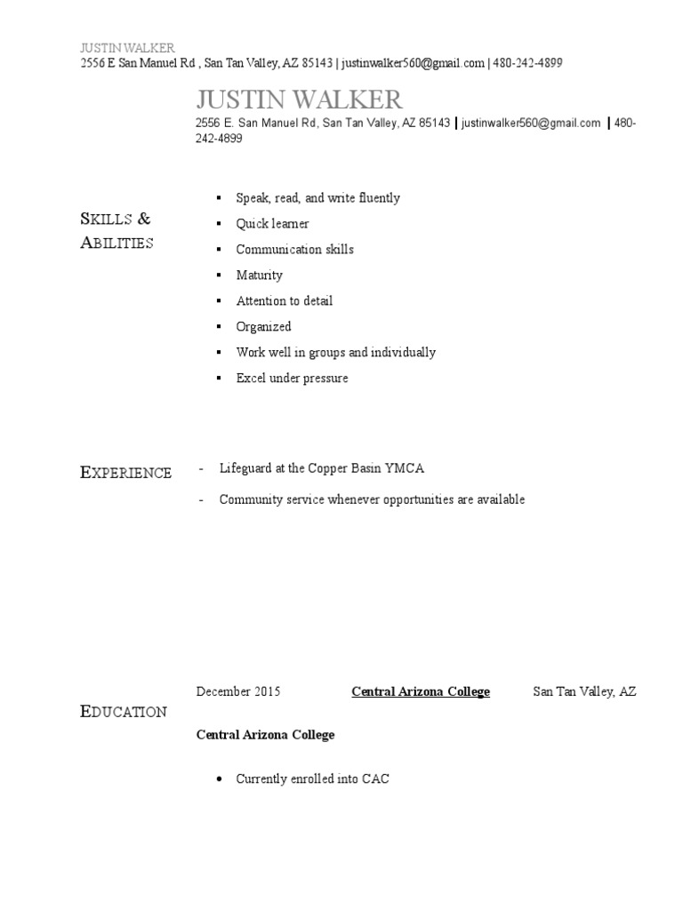 Justin Walker's Resume and Skills Profile | PDF