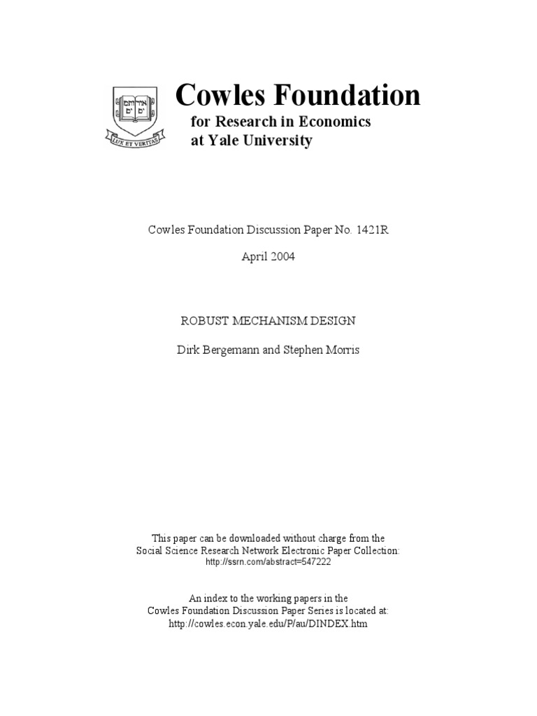 Cowles Foundation: For Research in Economics at Yale University | PDF ...