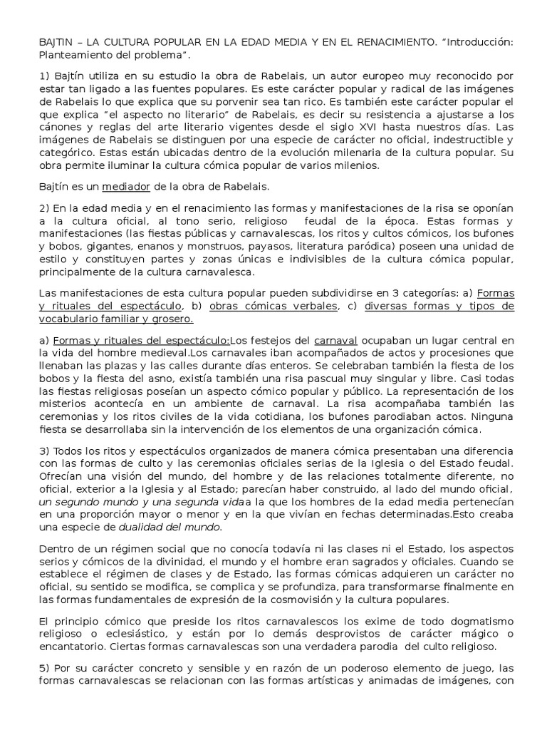 BAJTIN - LA CULTURA POPULAR EN LA EDAD MEDIA Y EN EL RENACIMIENTO. "Introducción: Planteamiento ...