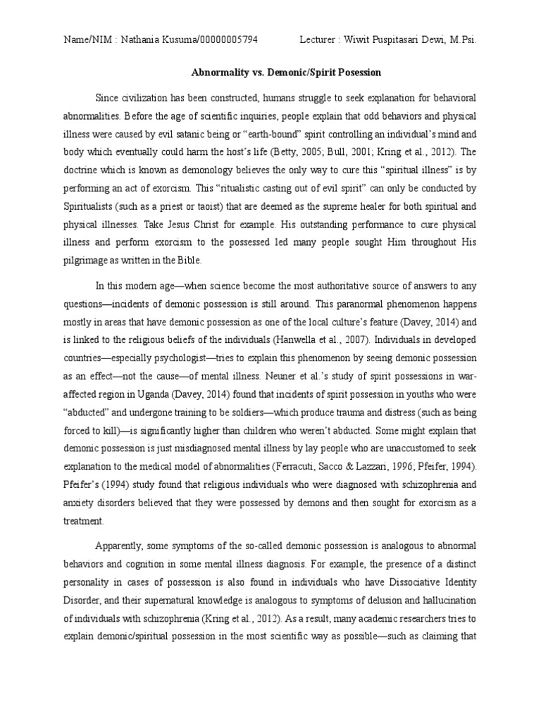 Possession vs. Abnormality Essay | PDF | Demonic Possession | Paranormal
