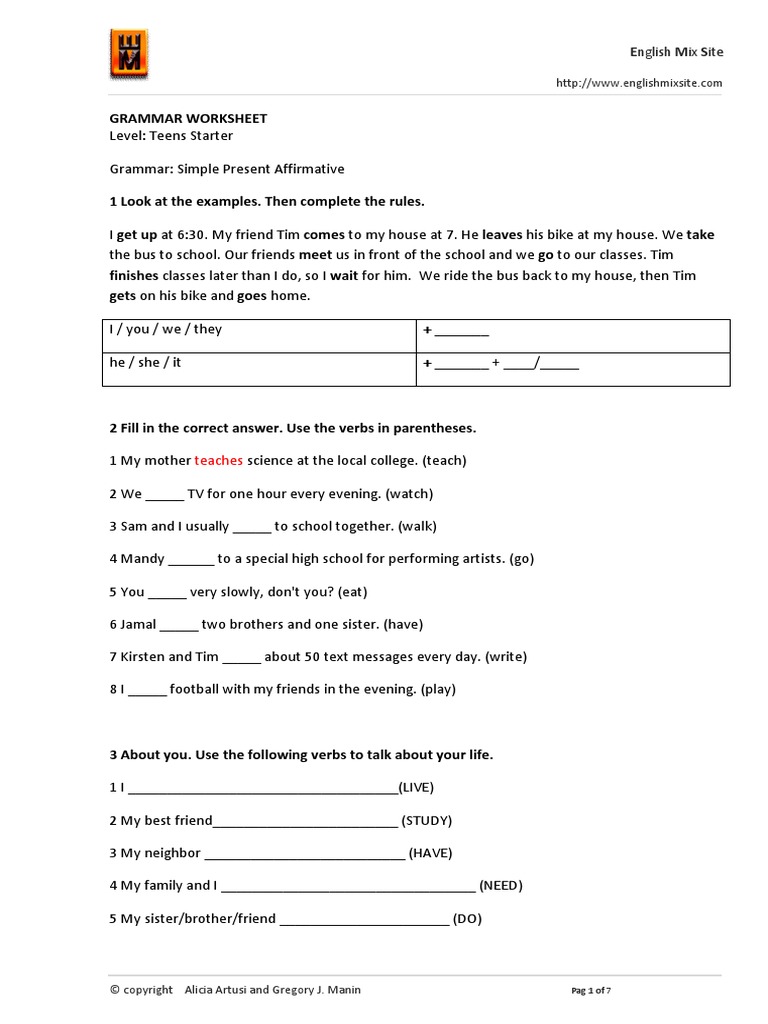 GW Teen Starter Simple Present Affirmative | PDF
