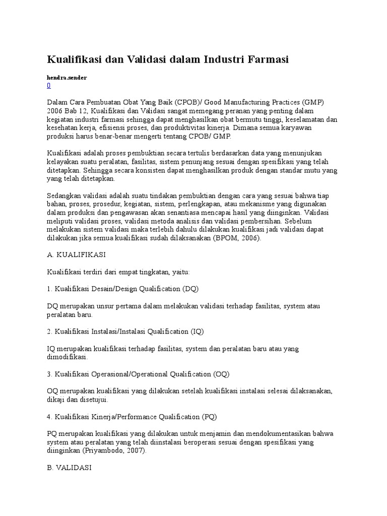 Kualifikasi Dan Validasi Dalam Industri Farmasi | PDF