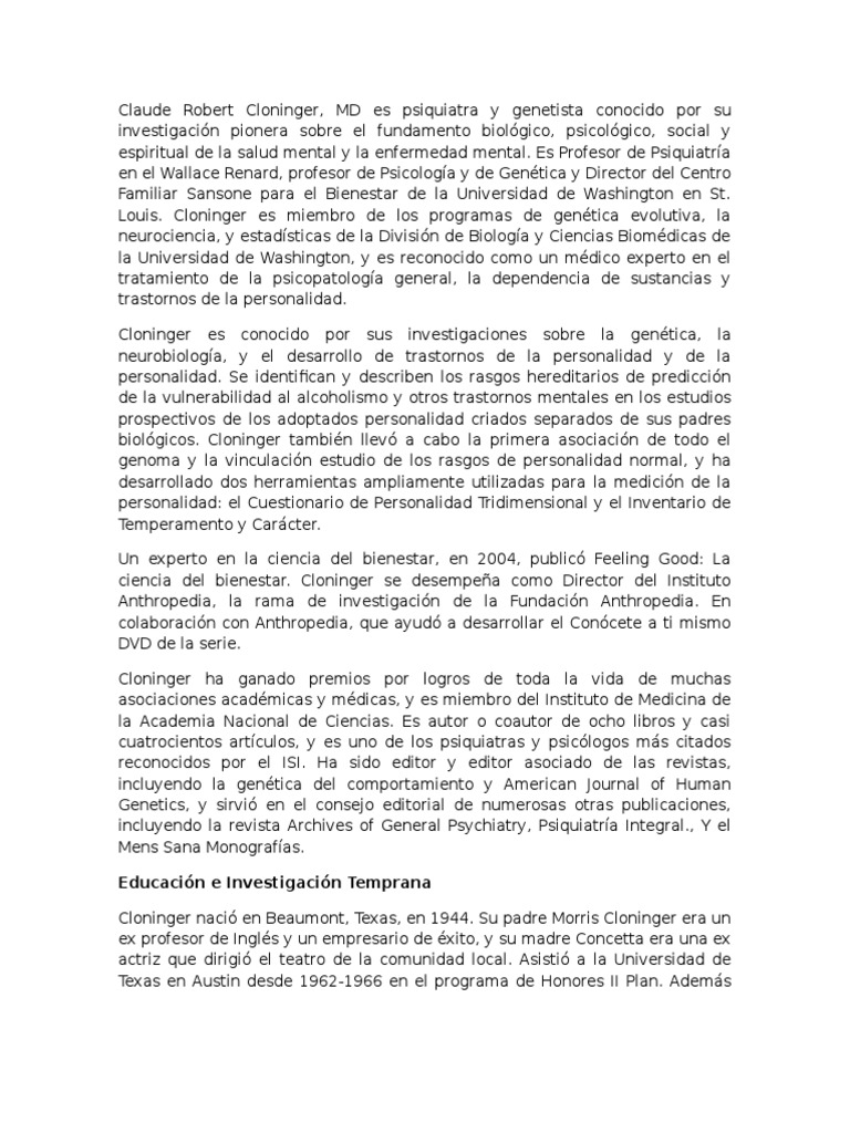 Claude Robert Cloninger: Genética y Personalidad | PDF | Psicoterapia ...