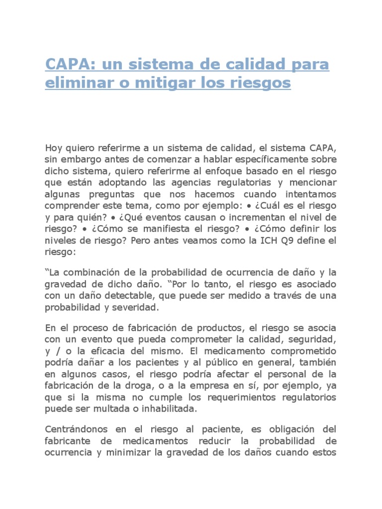 CAPA Un Sistema de Calidad para Eliminar o Mitigar Los Riesgos | PDF ...