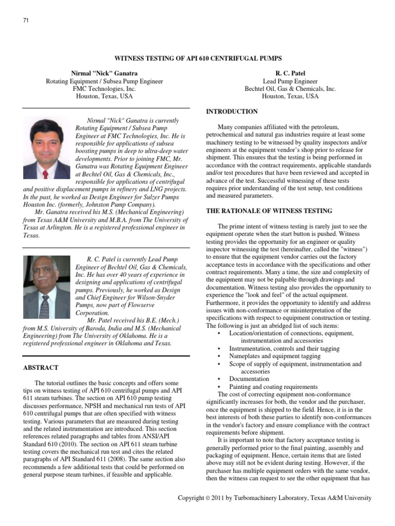 Witness Testing of Api 610 Centrifugal Pumps | PDF | Pressure ...