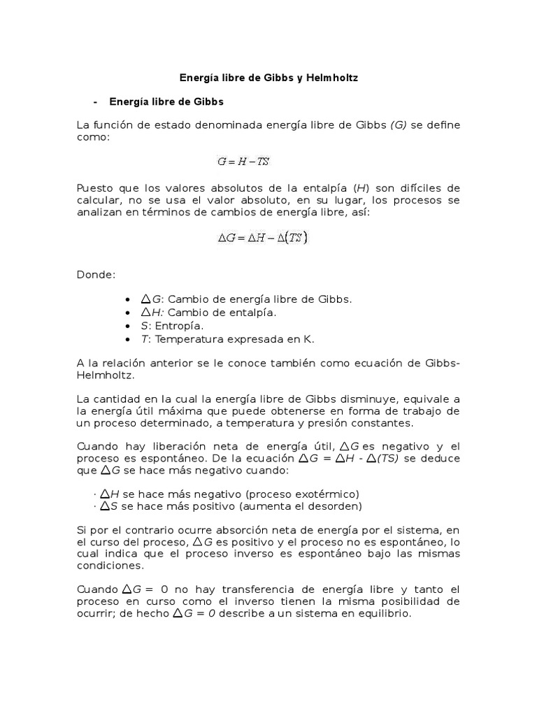 Resumen Gibbs Helmholtz | PDF | Energía libre de Gibbs | Entropía