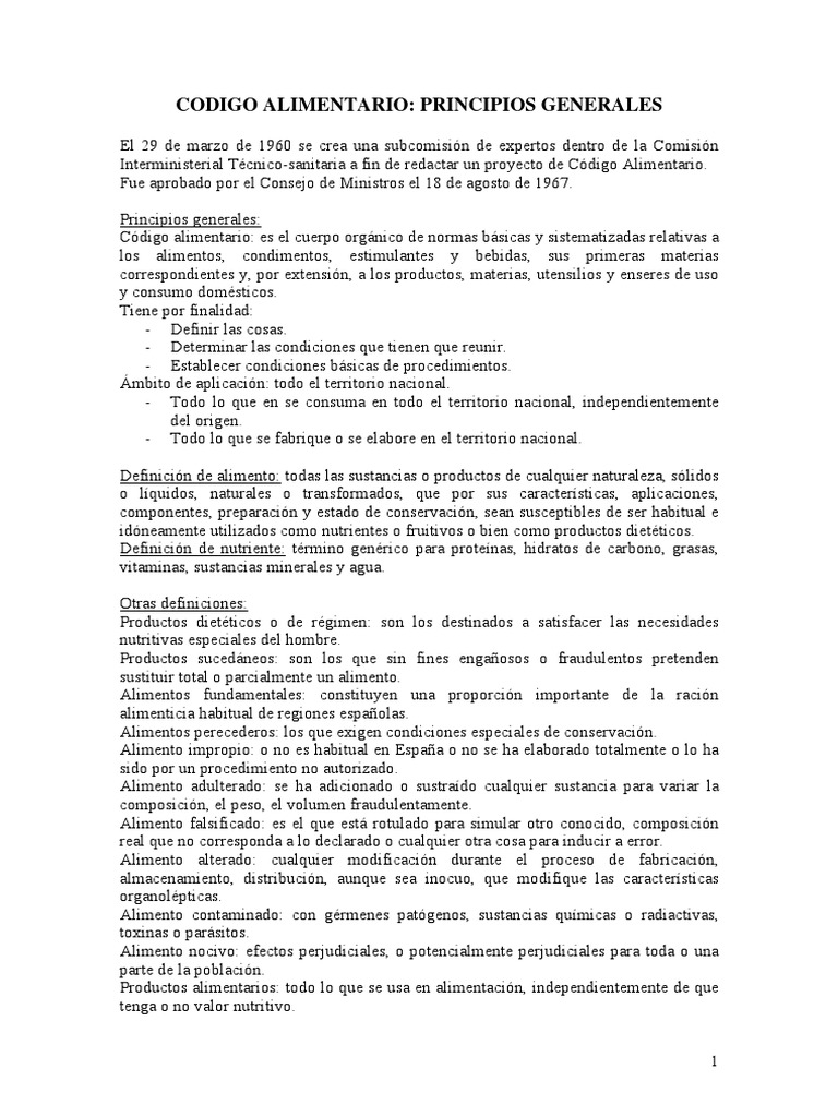 Código Alimentario: Principios y Normas | PDF | Cocina, comidas y vino