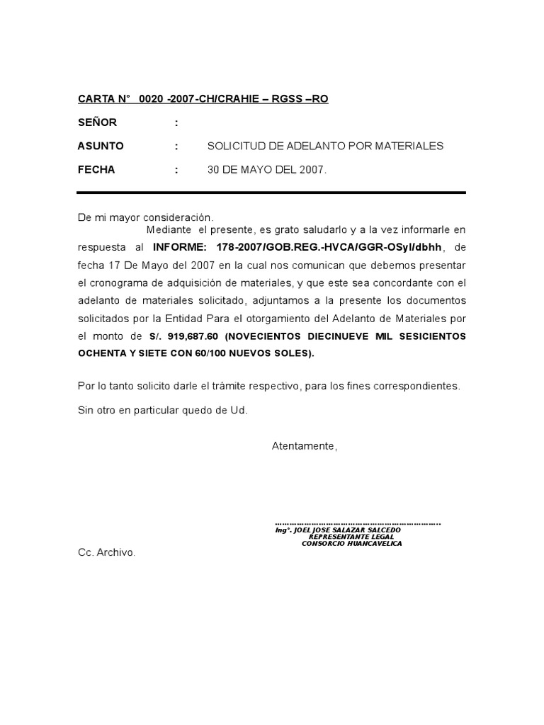Carta Adelanto Por Materiales | PDF