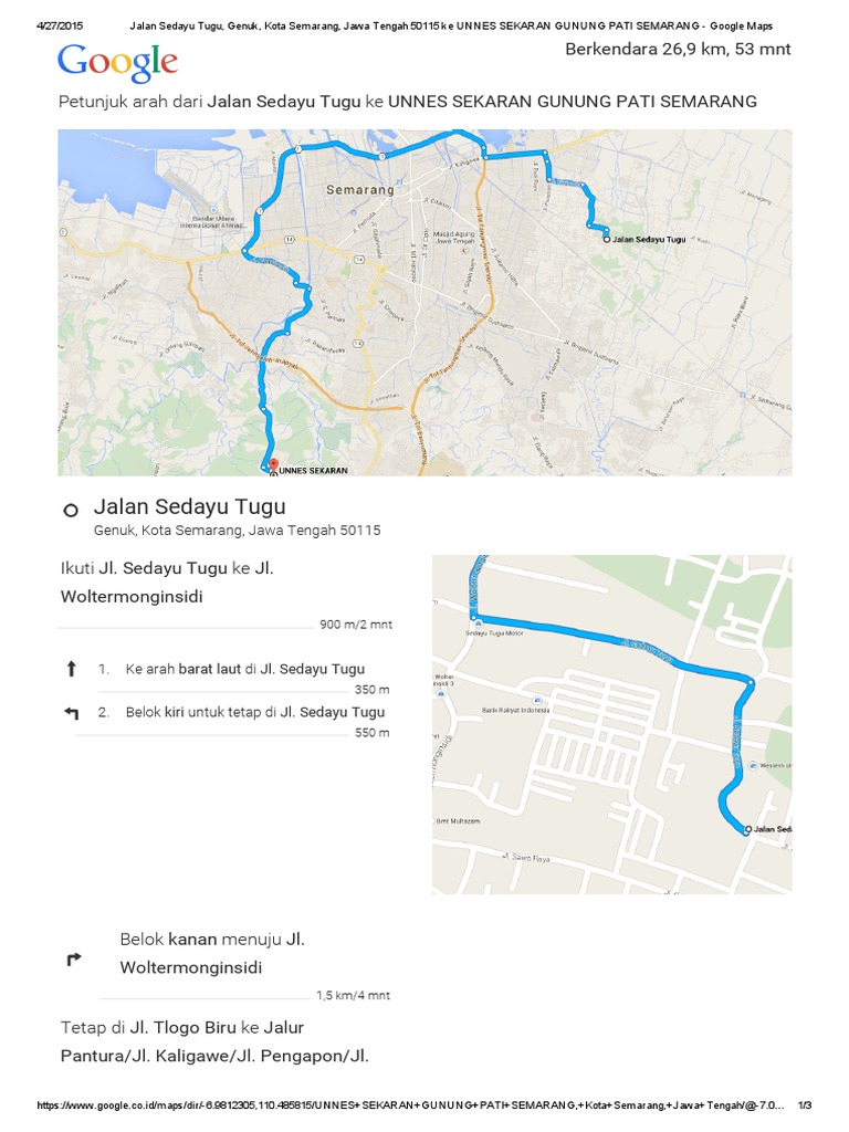 Jalan Sedayu Tugu, Genuk, Kota Semarang, Jawa Tengah 50115 Ke UNNES ...