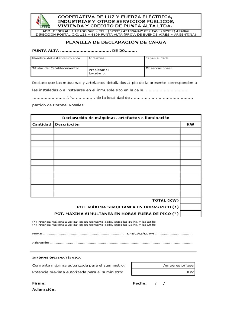 Planilla de Carga | PDF | Energia electrica | Vatio