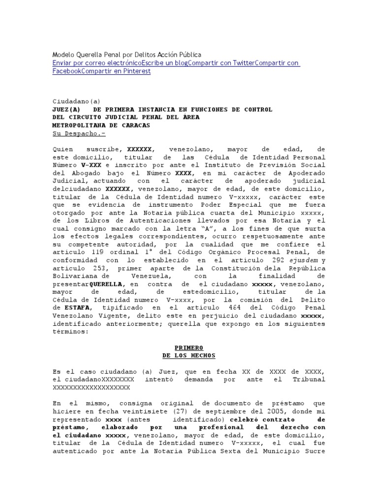 Modelo Querella Penal Por Delitos Acción Pública | PDF | Trucos de confianza | Derecho penal