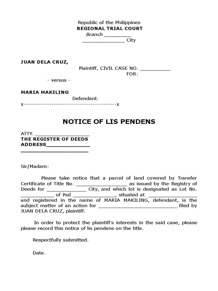 Notice of Lis Pendens | PDF | Civil Law (Common Law) | Virtue