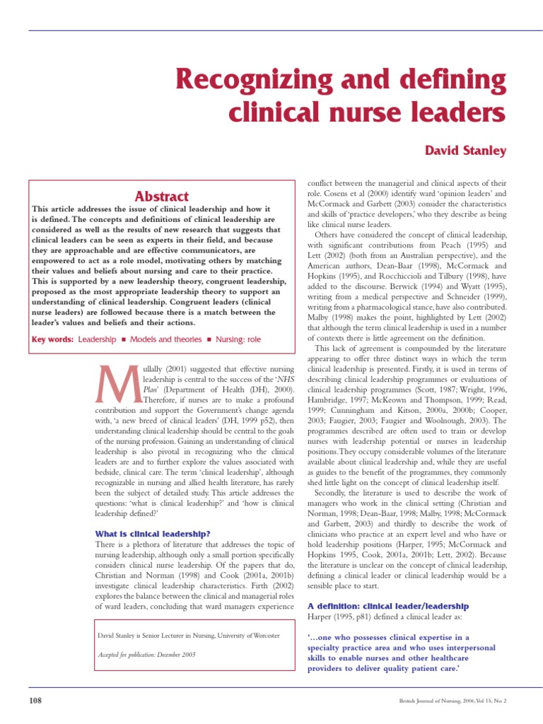 Recognising and Defining Clinical Nurse Leaders | PDF | Leadership ...