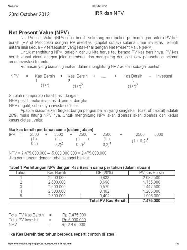 Contoh IRR Dan NPV | PDF | Pengelolaan Keuangan & Uang