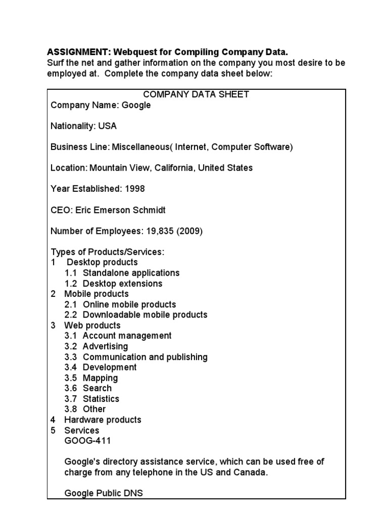 ASSIGNMENT: Webquest For Compiling Company Data | PDF | Business