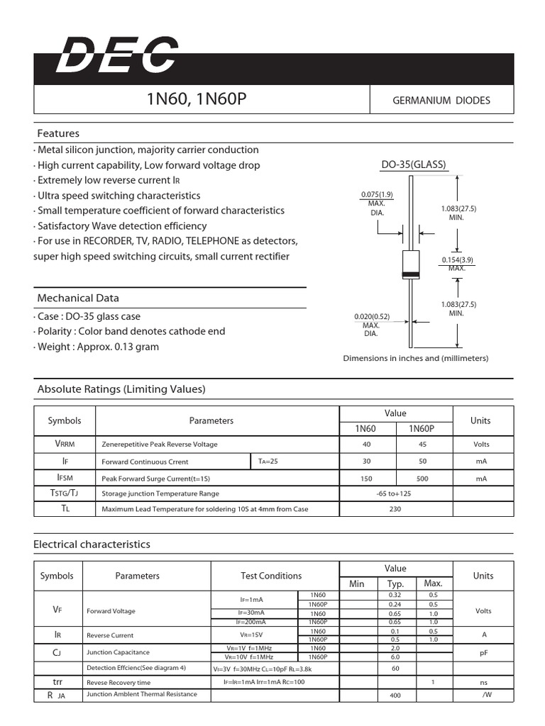 Germanium Diodes 1N60, 1N60P Specs | PDF | Science & Mathematics ...