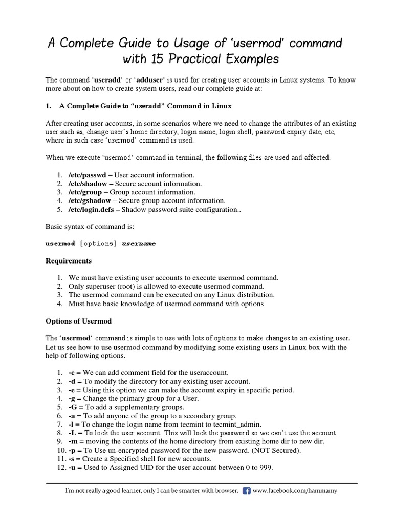 A Complete Guide To Usage of USERMOD and USERADD Command PDF | PDF | Superuser | Command Line ...