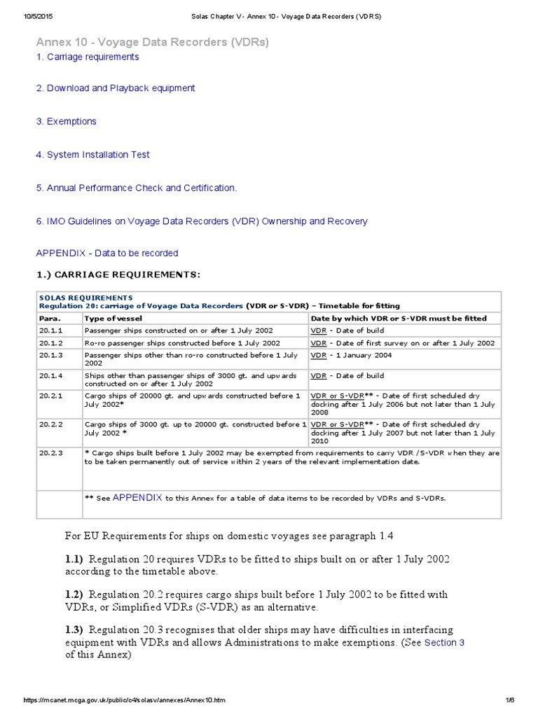 Solas Chapter V - Annex 10 - Voyage Data Recorders (VDRS) | PDF | Ships ...