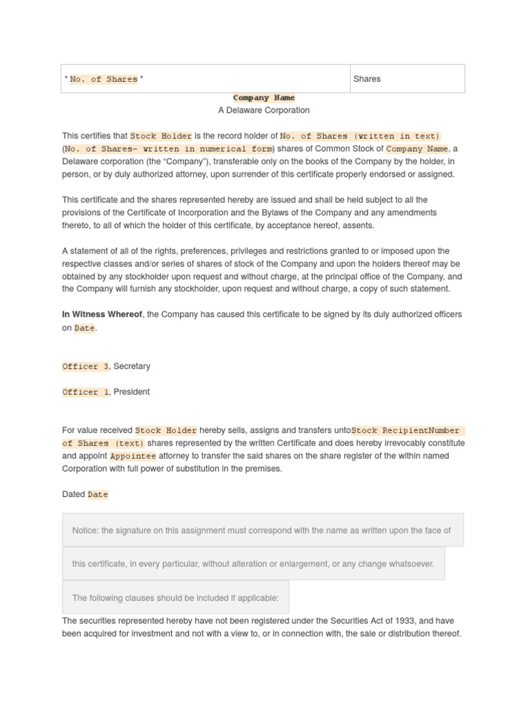 Stock Certificate | PDF | Securities Act Of 1933 | Stocks