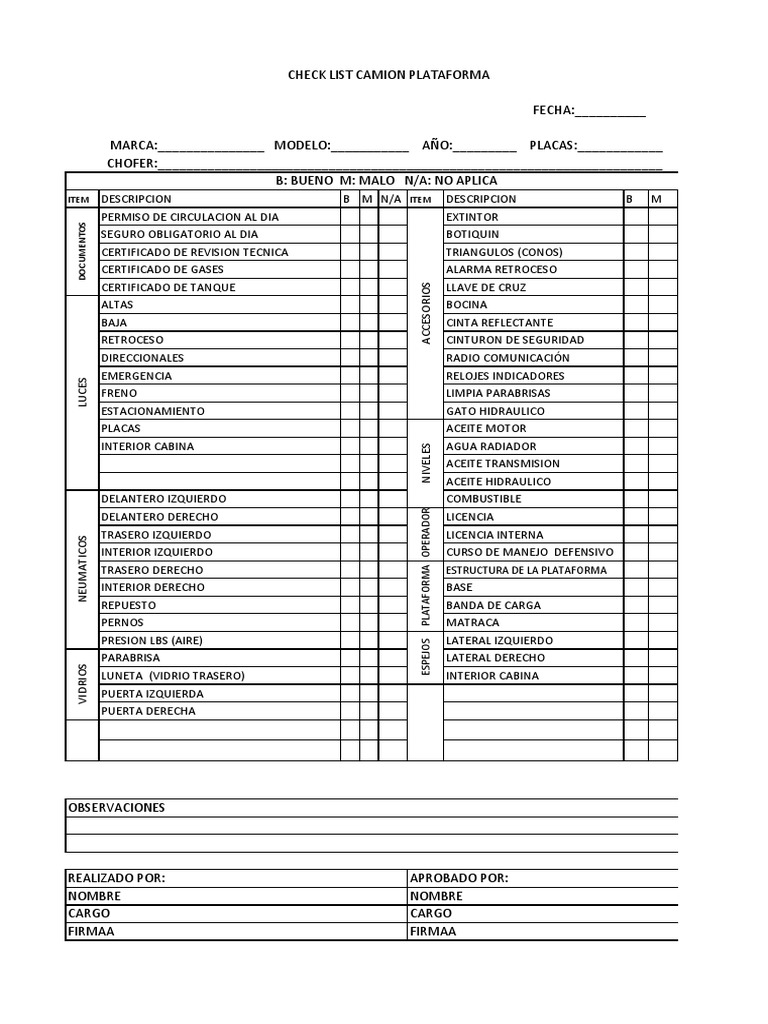 Check List de Camion Plataforma
