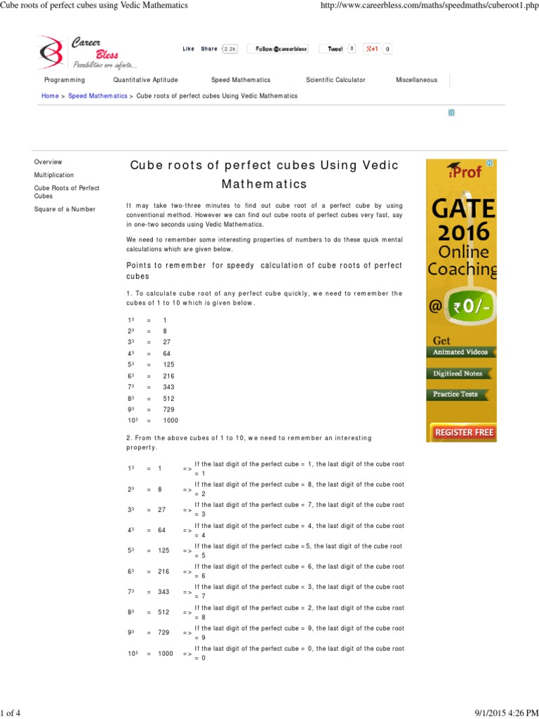 Cube Roots of Perfect Cubes Using Vedic Mathematics | PDF | Numbers | Elementary Mathematics