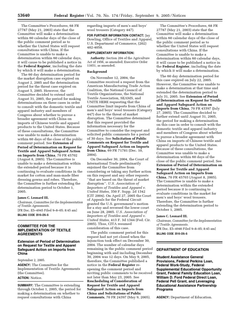 Notice: Textile and Apparel Categories | PDF | Federal Register | Clothing