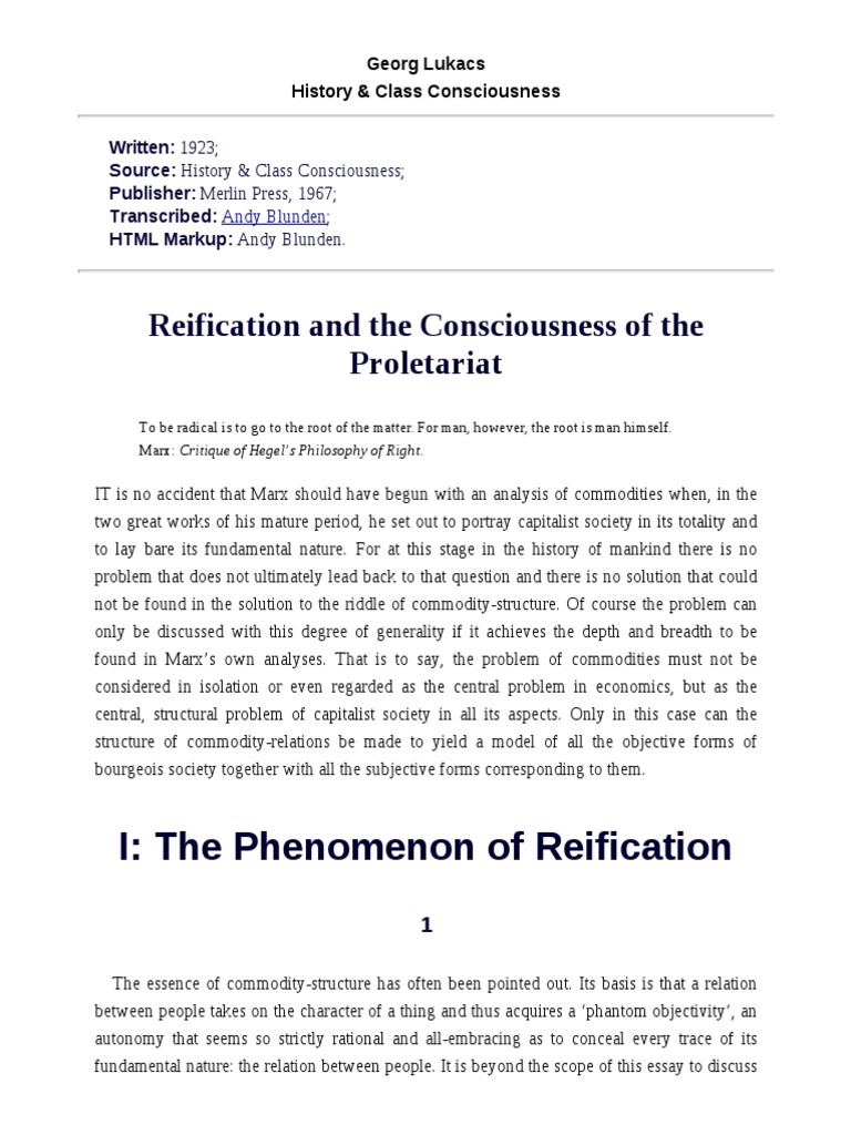 Lukacs on Reification and Proletariat Consciousness | PDF | Capitalism ...