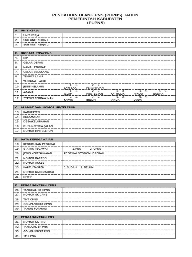 Formulir Pendataan Ulang Pns | PDF