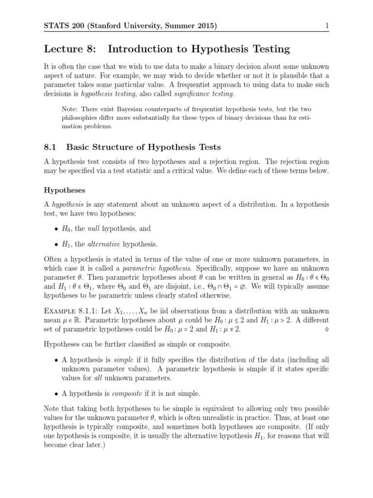 Introduction To Hypothesis Testing: 8.1 Basic Structure of Hypothesis ...