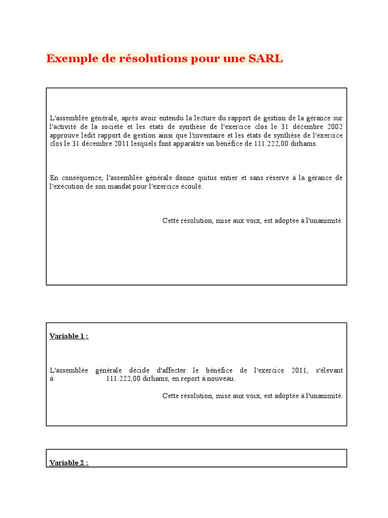 Exemple de Résolutions Pour Une SARL | Dividende | Gouvernement