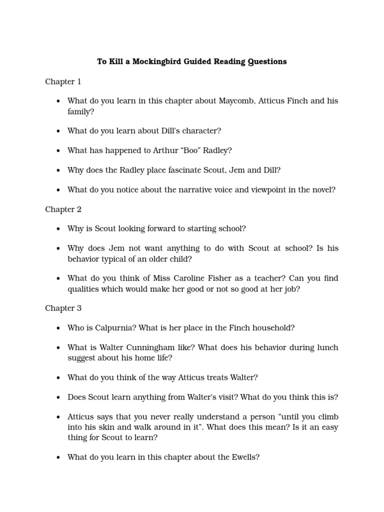 To Kill A Mockingbird Guided Reading Questions | PDF | To Kill A ...
