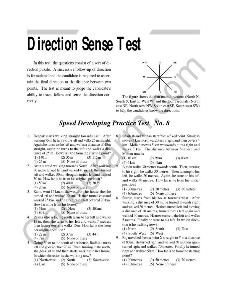 Direction Sense Test: Speed Developing Practice Test No. 8 | PDF | Nature