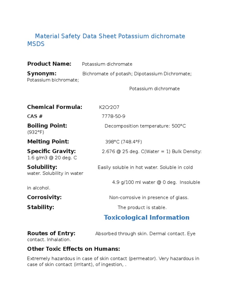 Material Safety Data Sheet Potassium Dichromate MSDS | PDF
