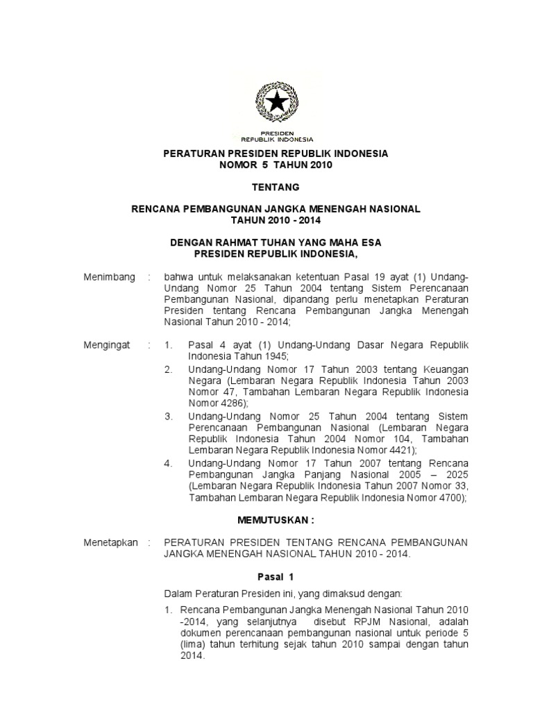 Perpres No. 5 Tahun 2010 Tentang RPJMN 2010-2014, Buku I: Prioritas ...