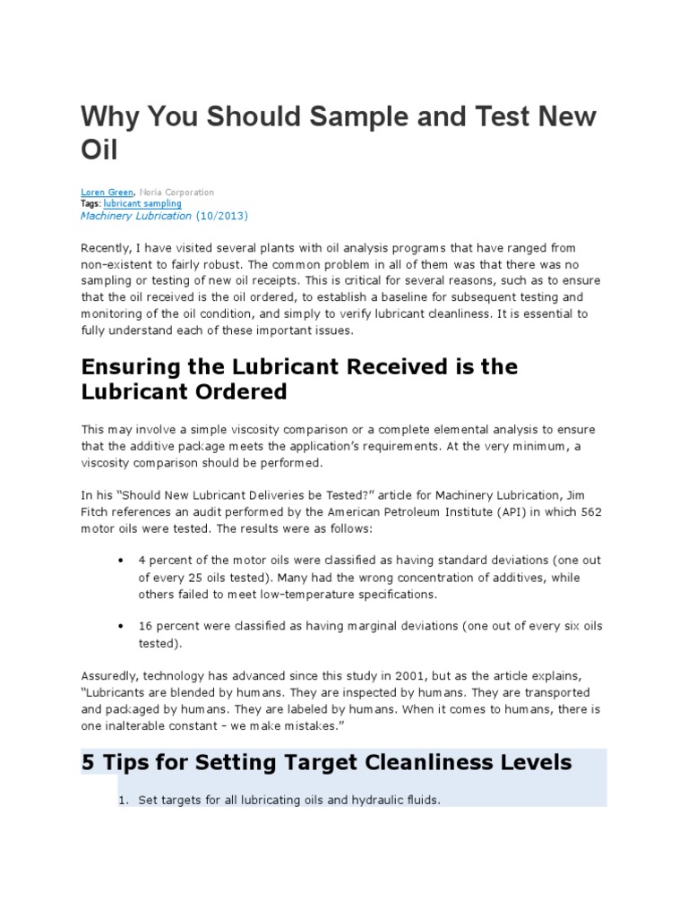 Why You Should Sample and Test New Oil | PDF | Motor Oil | Lubricant