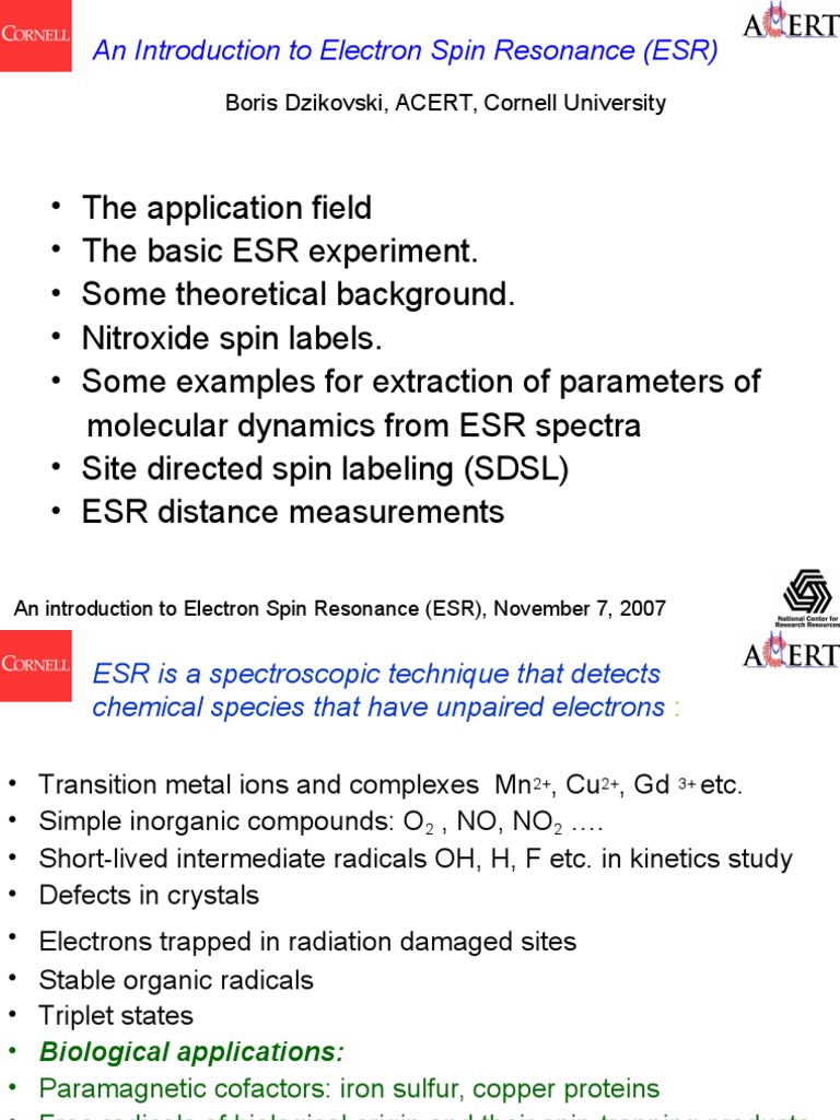 ESR Basics 2 2007 | PDF | Electron Paramagnetic Resonance | Nuclear ...