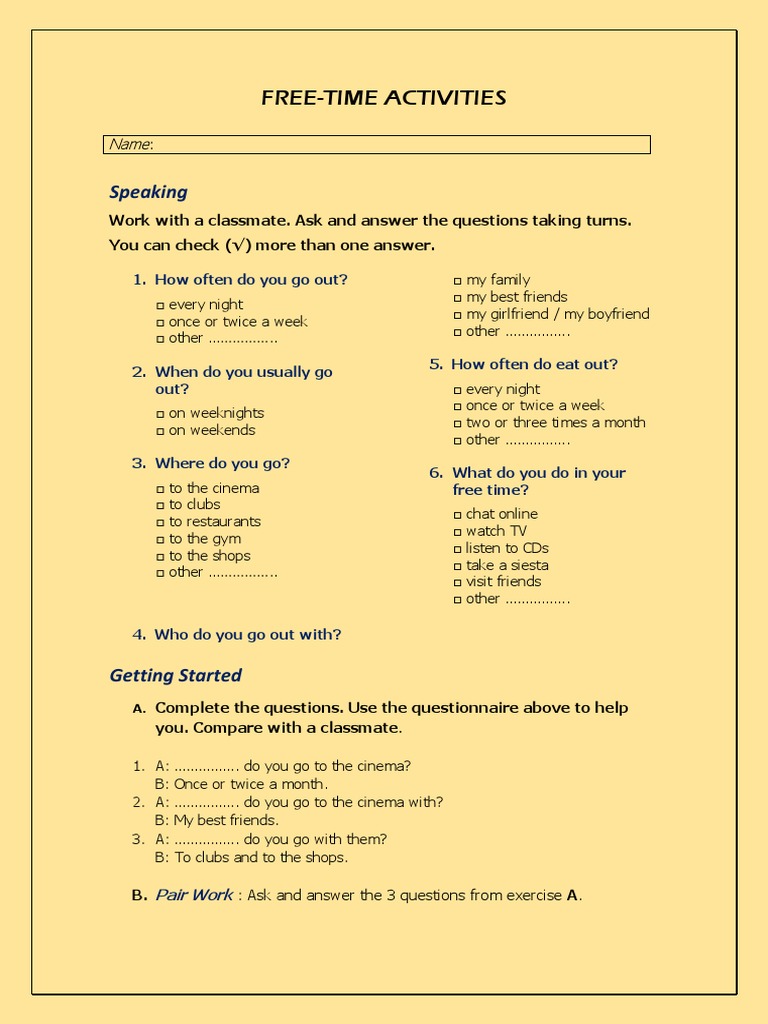 Free-Time Activities Questionnaire | PDF | Self-Improvement