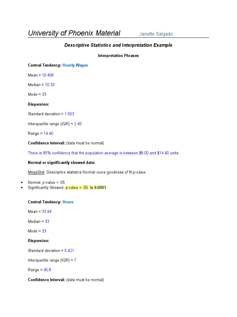 Qnt561 r7 Descriptive Statistics and Interpretation Example Week4 | PDF ...