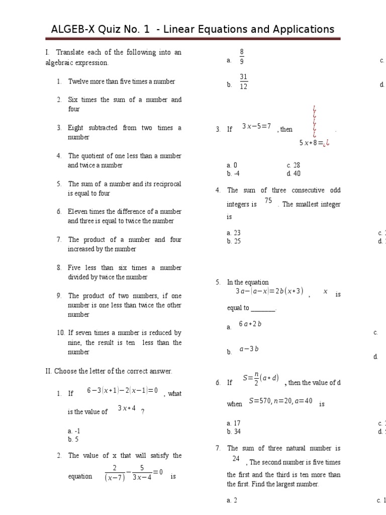 ALGEB-X Linear Equations Quiz 1 | PDF