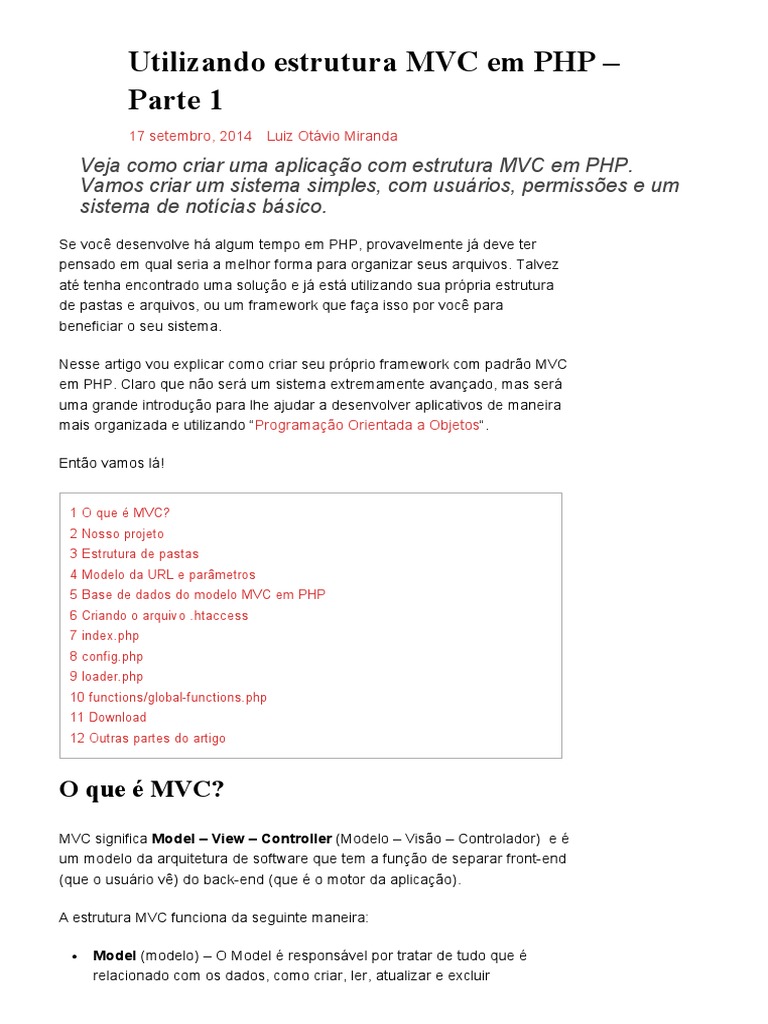 Parte 1 - Utilizando Estrutura MVC em PHP | PDF | Model-View – Controller (MVC) | Php