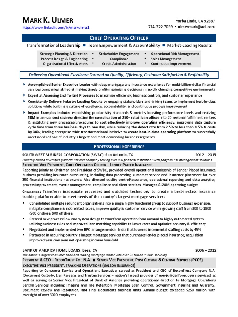 COO EVP SVP Operations in Irvine California Resume Mark Ulmer | PDF ...