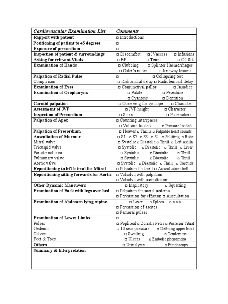 Cardiovascular Examination Checklist OSCE | PDF | Pulse | Heart Valve